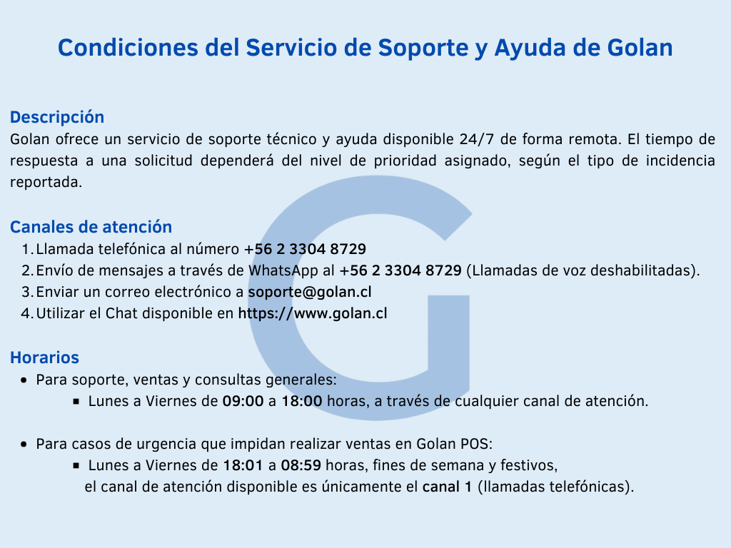 Condiciones del servicio de soporte y ayuda de Golan – Golan